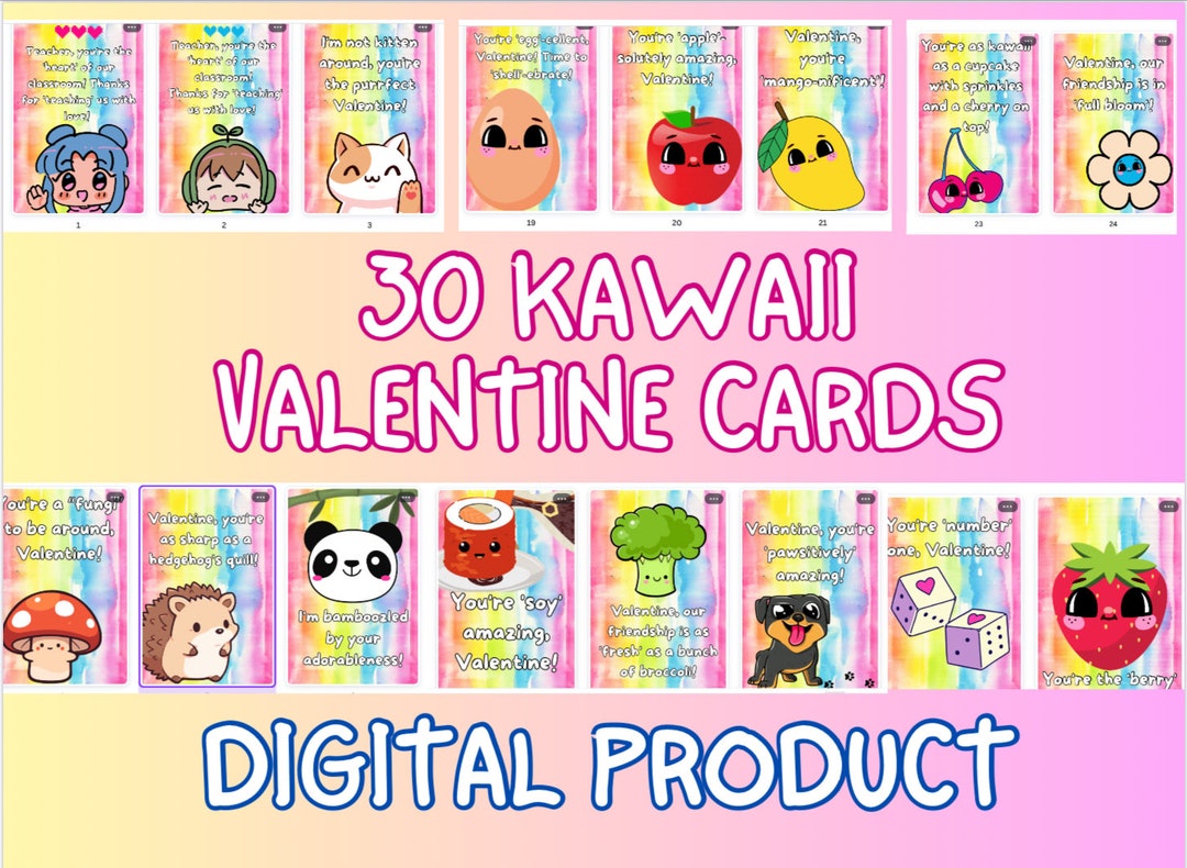 Kawaii Valentine Cards, Class Set Kawaii Valentine's, Kawaii Cards for ...