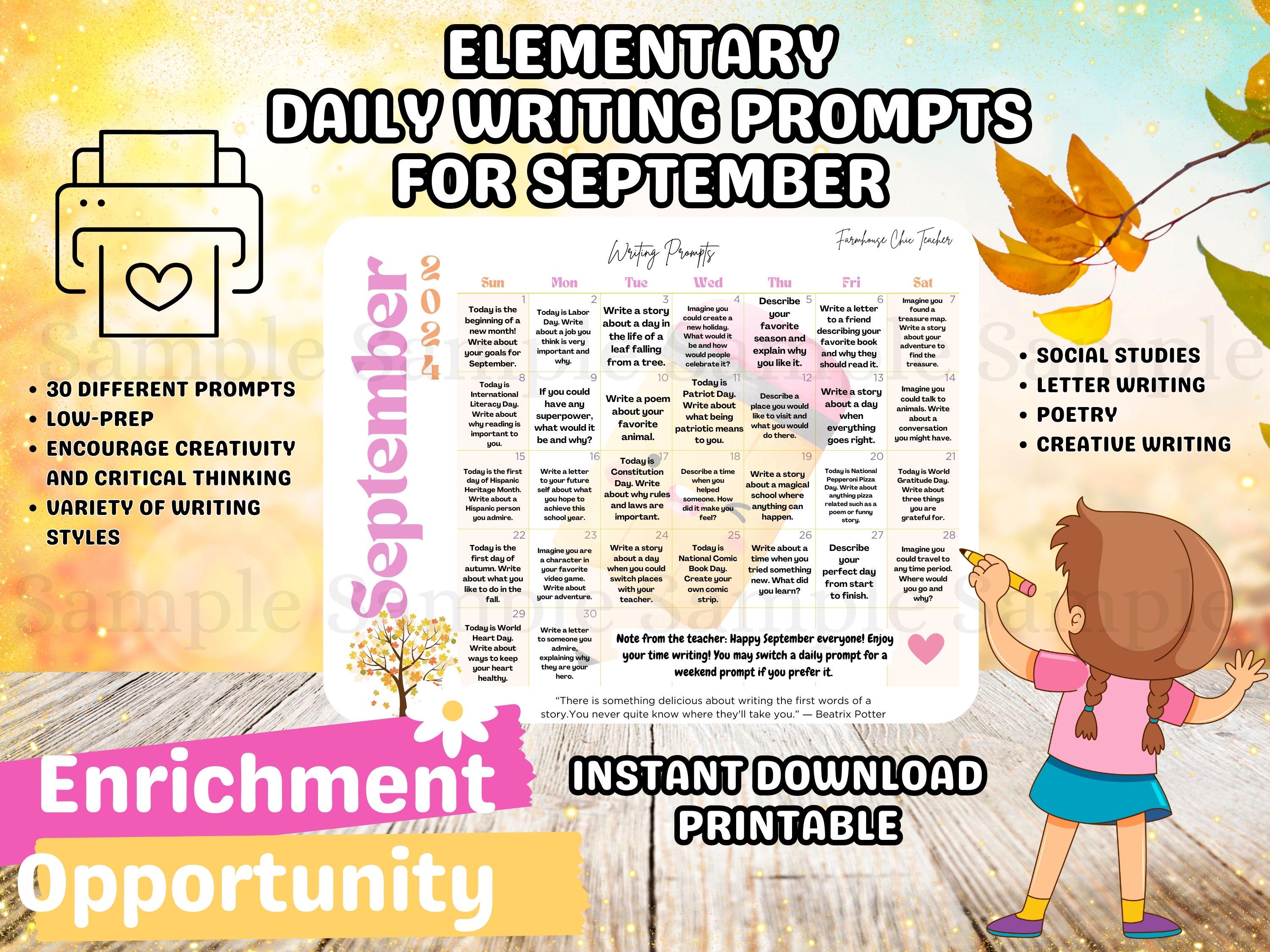 September Writing Prompts Menu, Instant Download for Teachers - Etsy