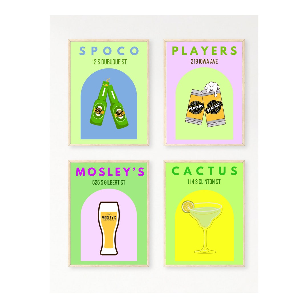 Bar Posters, Iowa City Bar Pack of 4, Green and Purple Alcohol Prints ...
