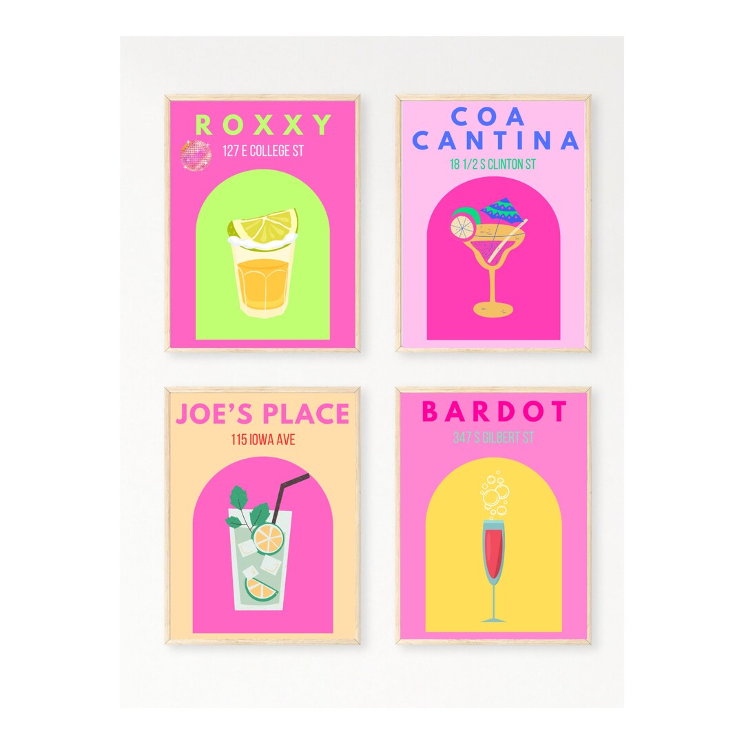 Bar Posters, Iowa City Bar Pack of 4, Pink Alcohol Prints, Printable ...