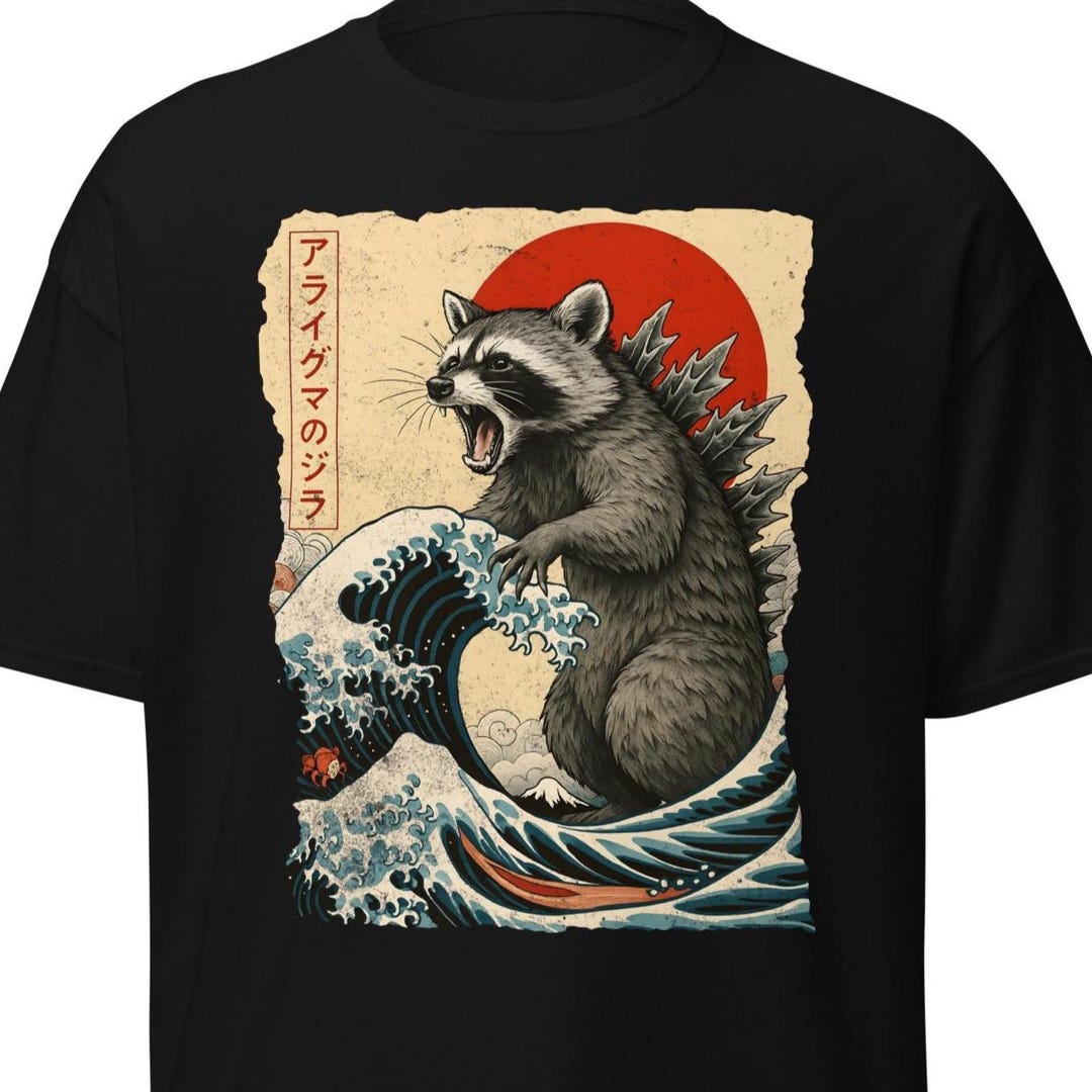 Funny Raccoon Godzilla Japanese Great Wave Gildan Tee. Based on the ...