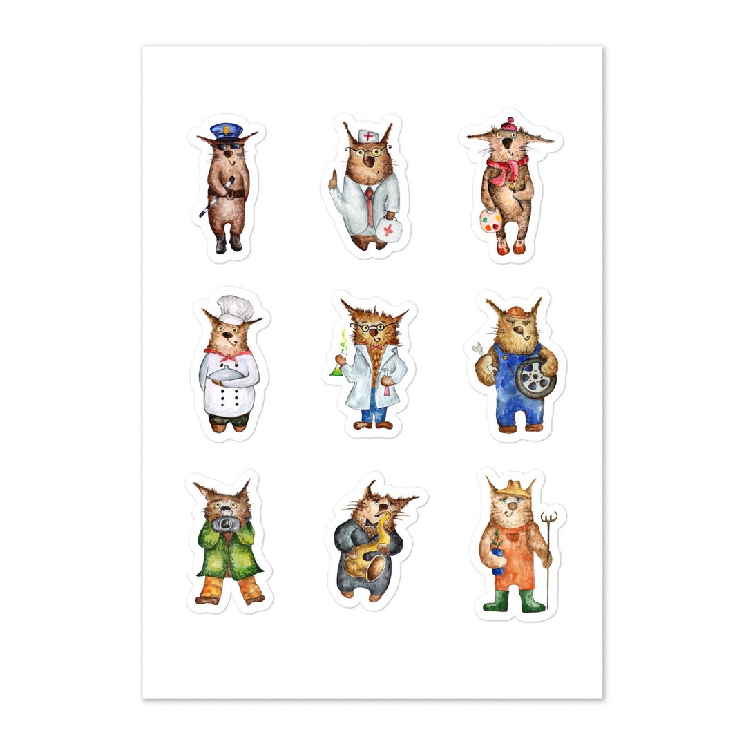 Colorful Funny Cat Professionals Sticker Sheet Mechanic, Artist ...