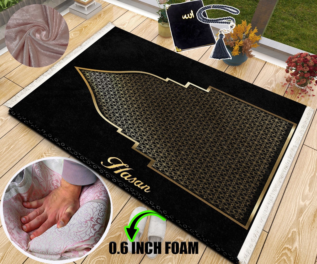 Personalized Thick Foam Padded Non Slip Black Gold Prayer Rug With ...