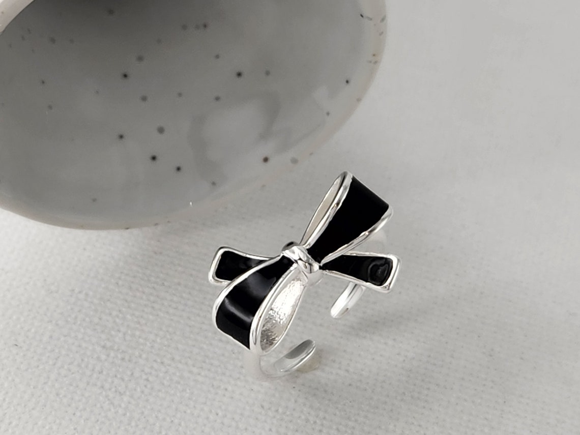 Black Ribbon Ring, Black Bow Ring, 925 Sterling Silver Ring, Korean ...