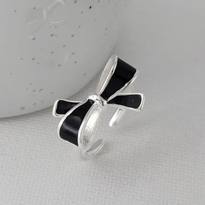 Black Ribbon Ring, Black Bow Ring, 925 Sterling Silver Ring, Korean ...