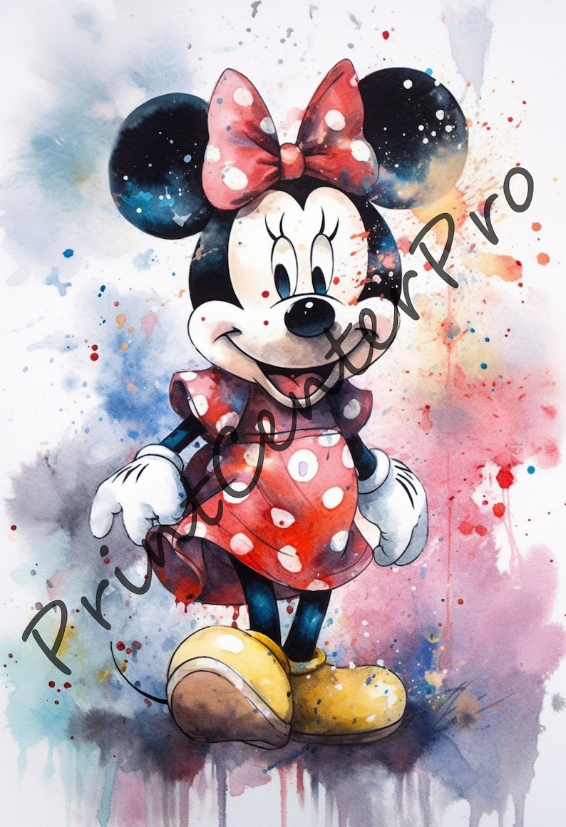 Adorable Minnie Mouse Watercolor Print: Digital Art for Kids Room and ...