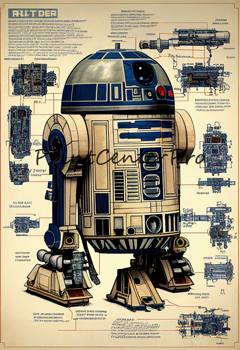 R2D2 Schematic Art Digital Print - Star Wars Art, R2D2 Fan Art, R2D2 ...