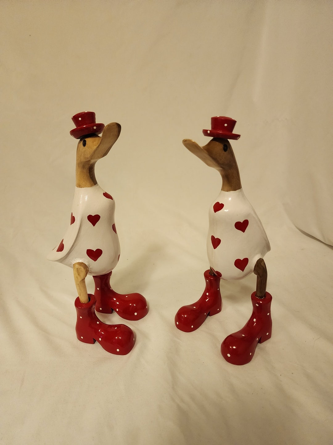 Pair Hand Carved Wood 11" Tall Duck Statue in Red Hearts Shirt, Red Hat ...