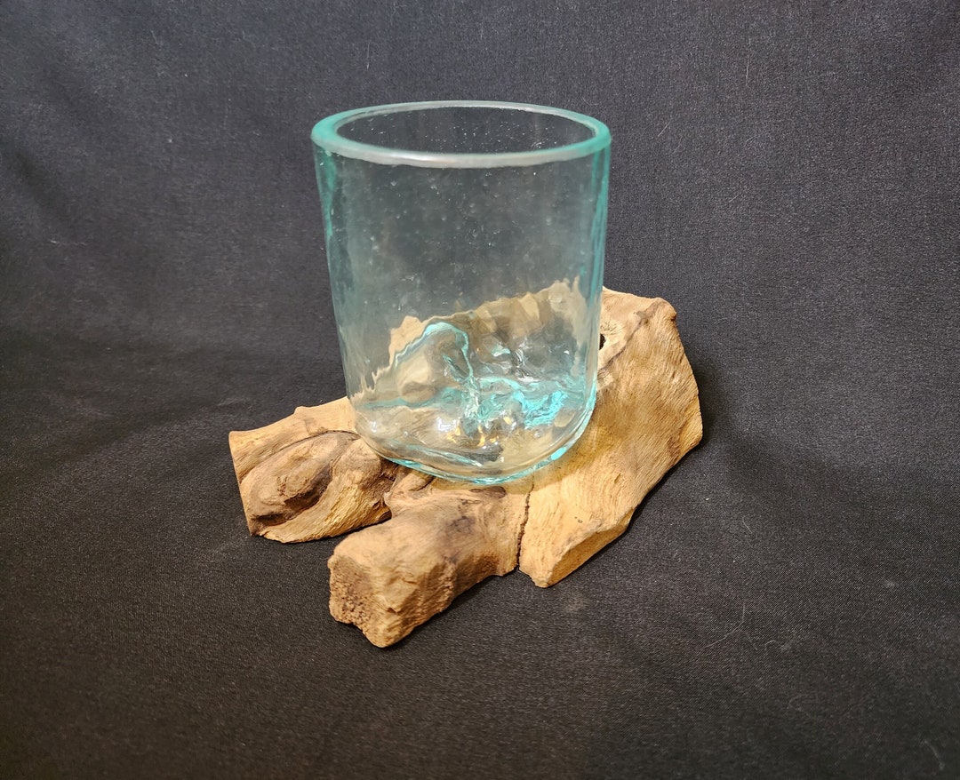 Hand Blown Glass Bowl on Natural Teak Tree Root Stand, Molten Molded ...