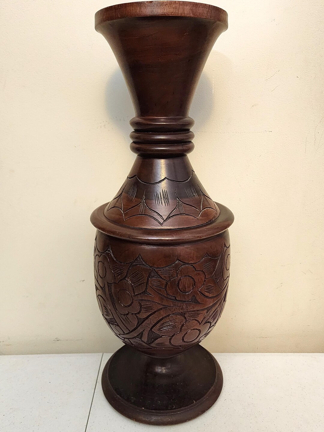 Vintage 22" Tall Mid-century Hand Turned Carved Wooden Vase Philippines ...