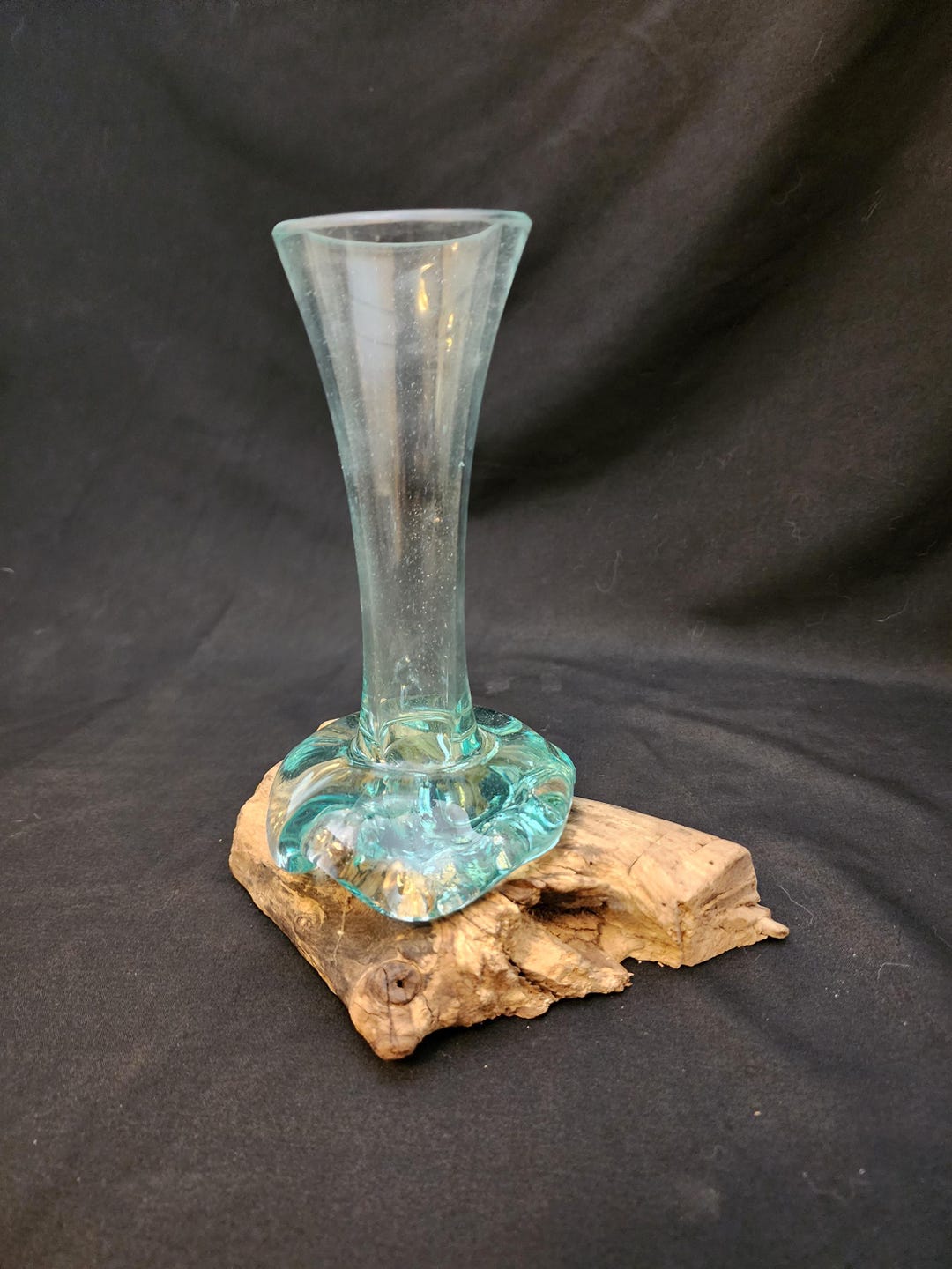 Hand Blown Glass Vase With Swirl on Natural Teak Tree Root Stand ...