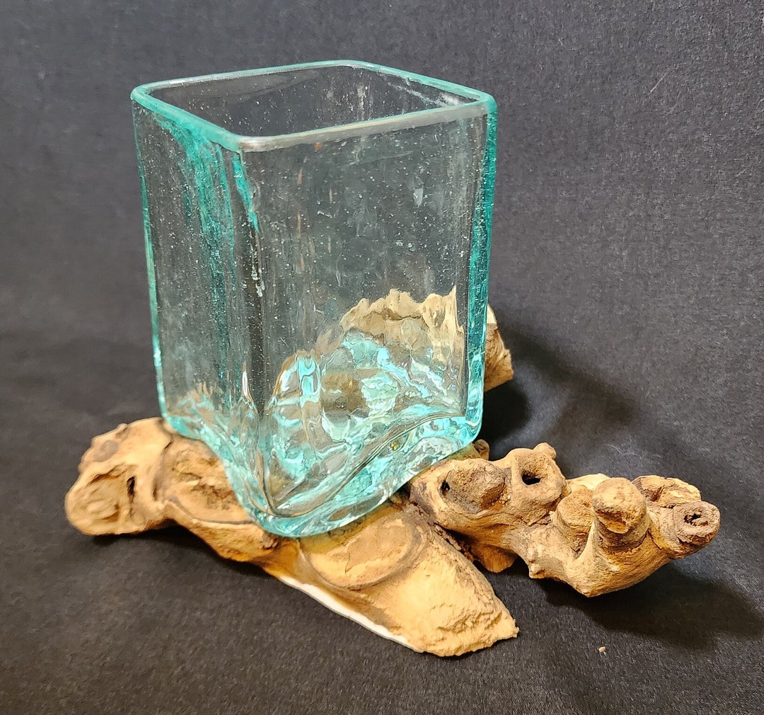 Hand Blown Glass Bowl on Natural Teak Tree Root Stand, Molten Molded ...