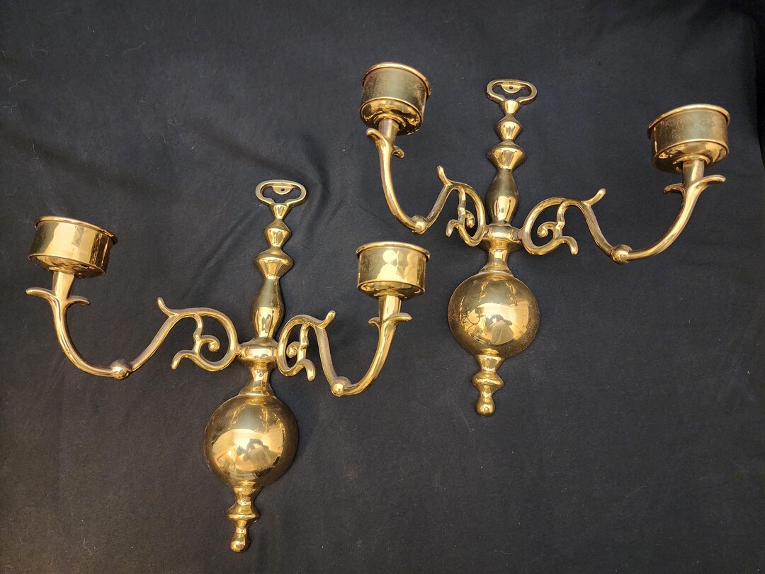 Pair Ornate Colonial Solid Brass Two Arms Scones Candle Holder Vintage ...