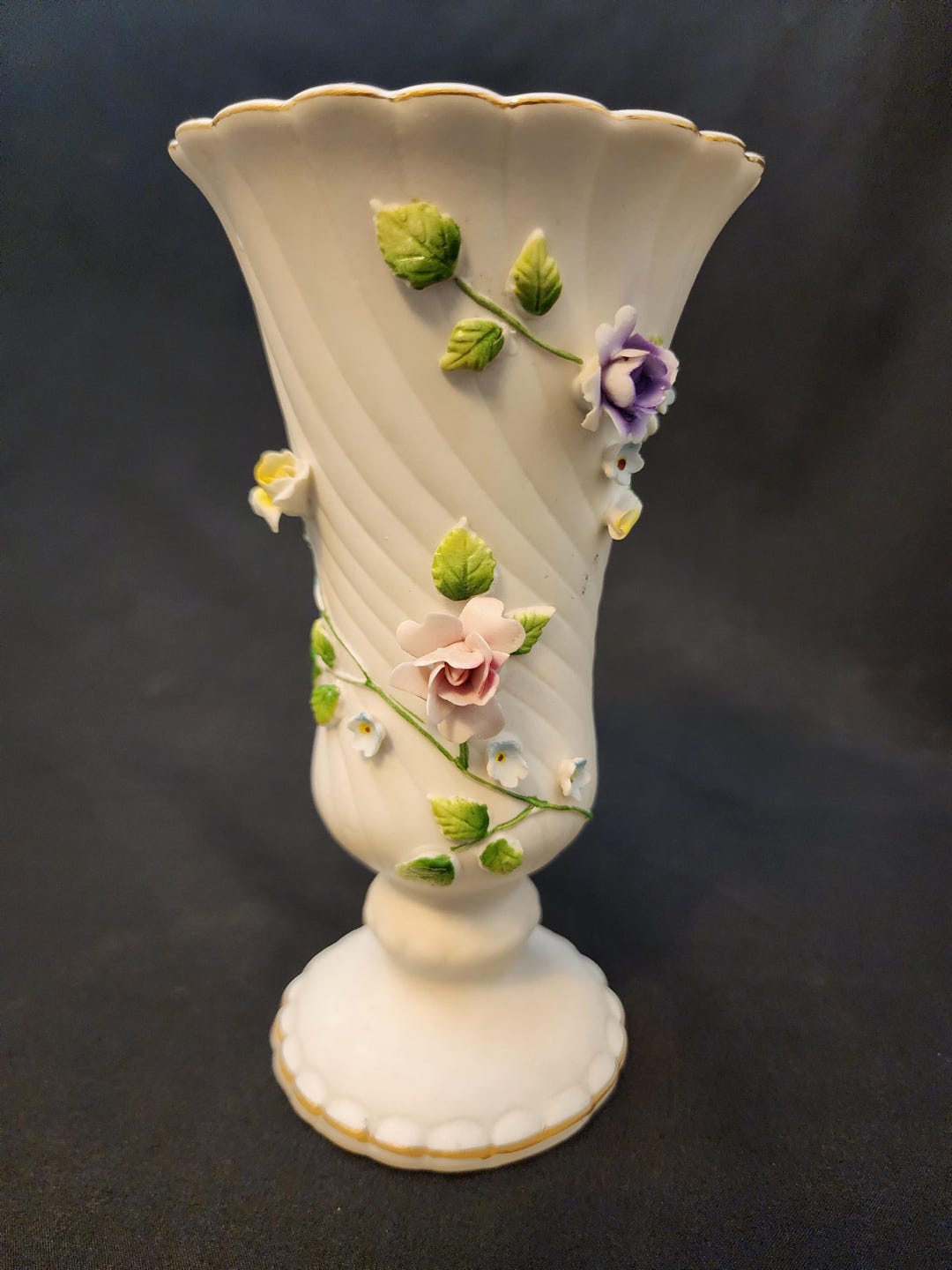 Vintage Lefton Bisque Porcelain Floral Swirl Hand Painted Pedestal Vase ...