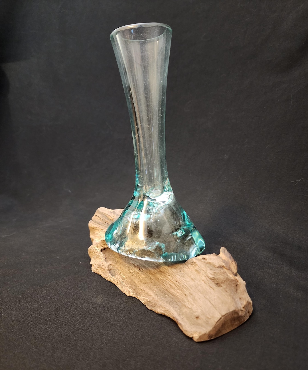Hand Blown Glass Vase With Swirl on Natural Teak Tree Root Stand ...