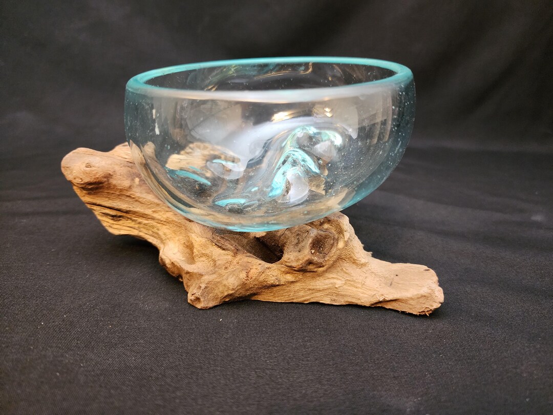 Hand Blown Glass Bowl on Natural Teak Tree Root Stand, Molten Molded ...