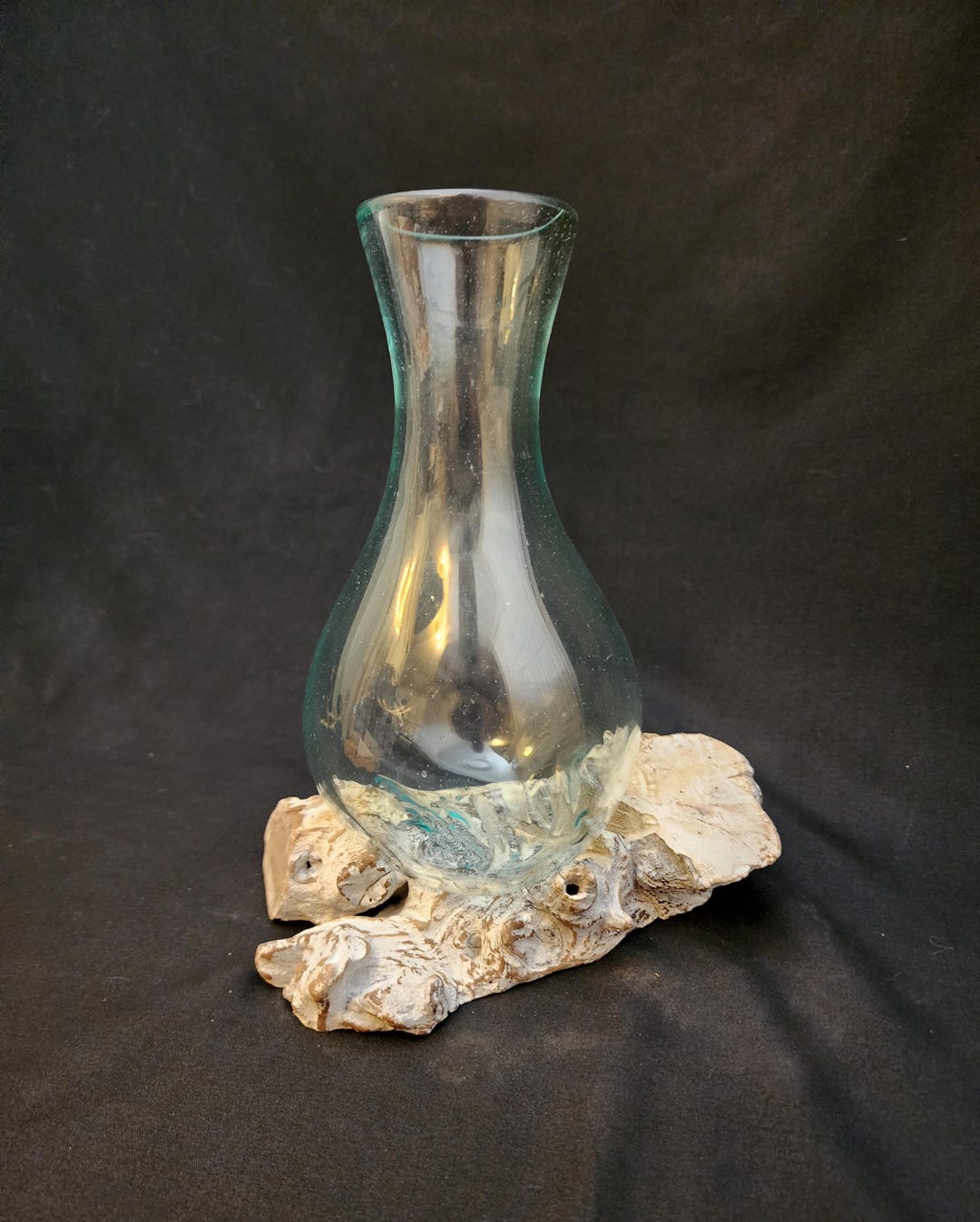 Large Hand Blown Glass Vase on Natural Teak Tree Root Bowl, Molten ...