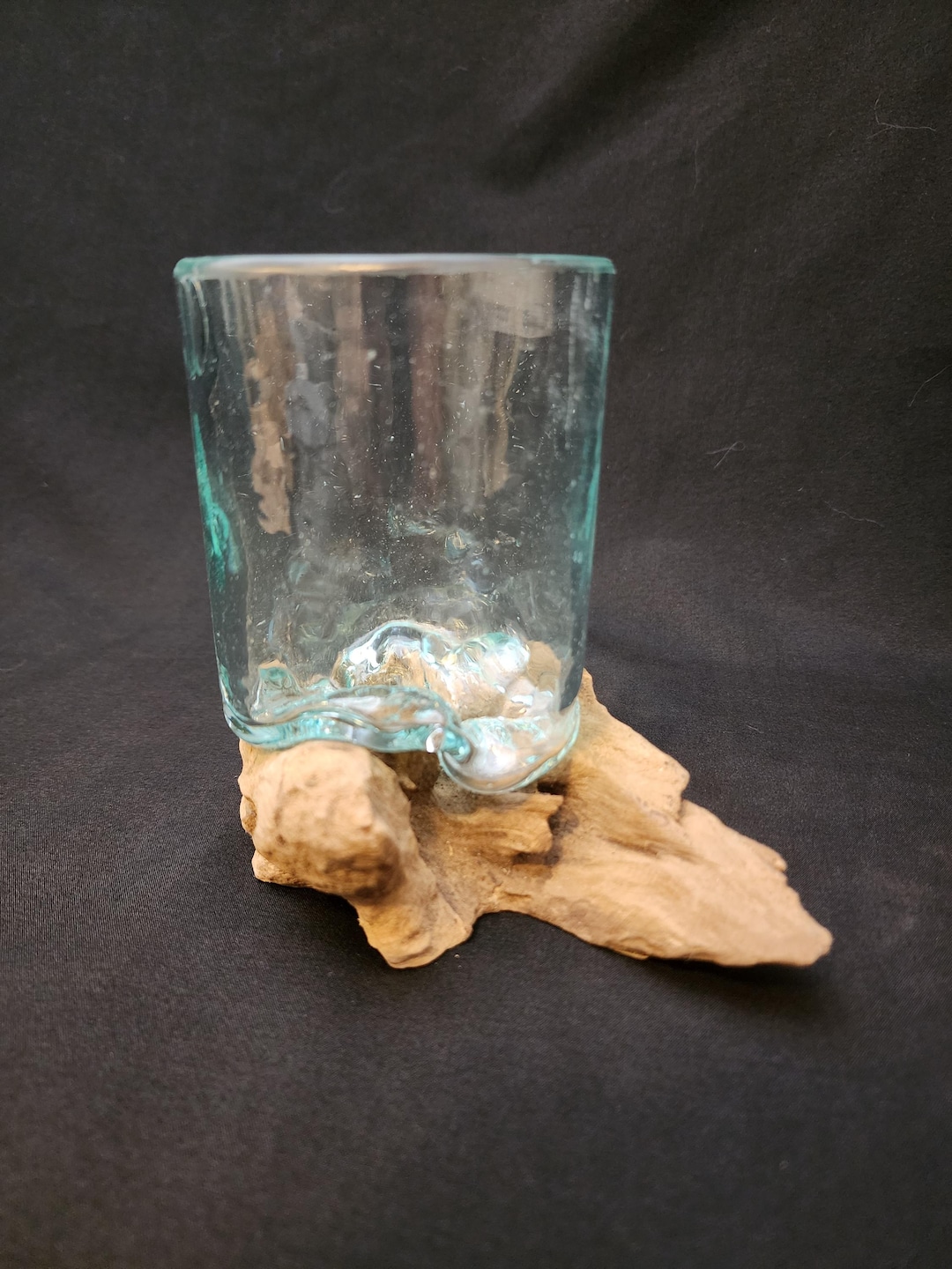 Hand Blown Glass Bowl on Natural Teak Tree Root Stand, Molten Molded ...