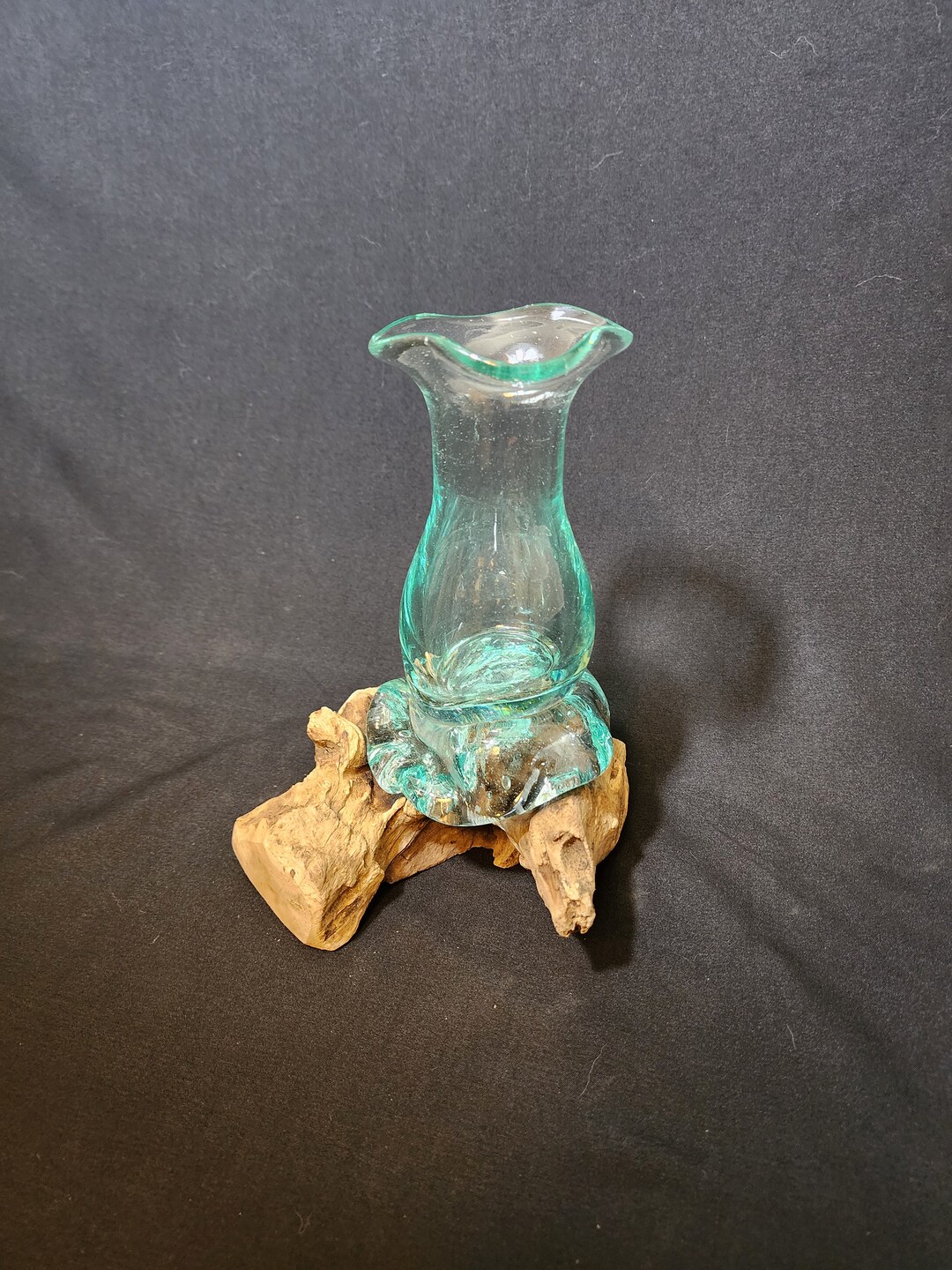 Hand Blown Glass Vase on Natural Teak Tree Root Stand, Molten Molded ...