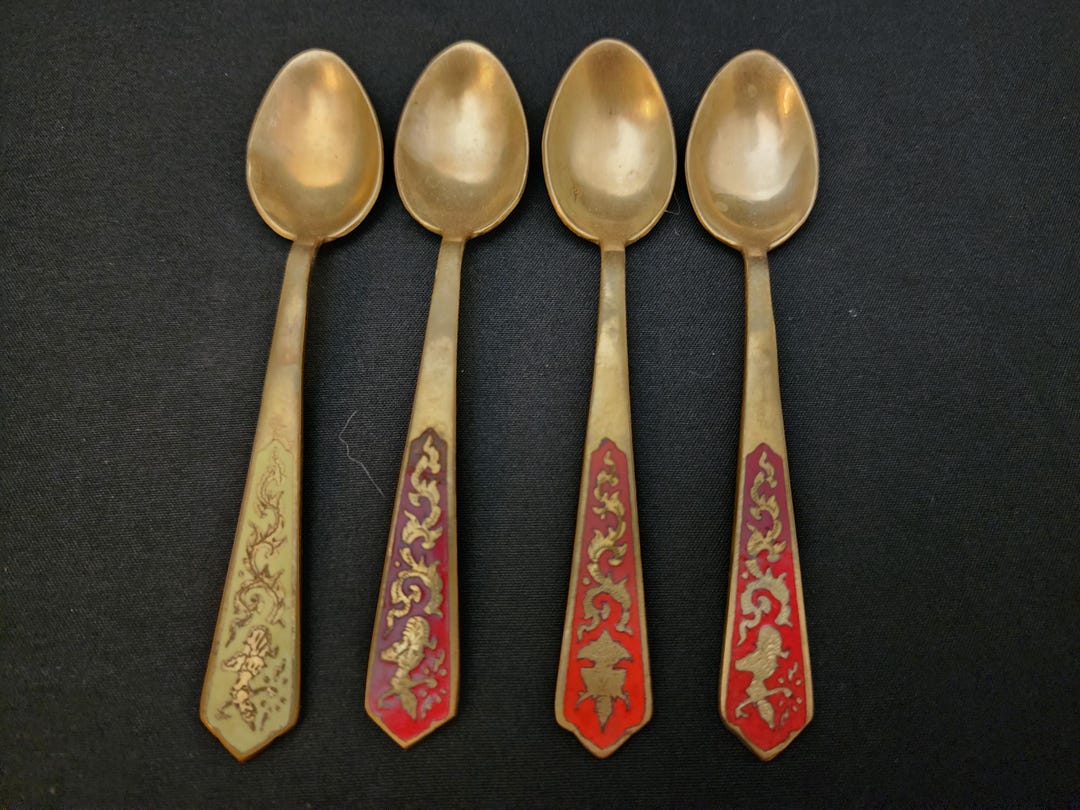 Vintage Set of 4 Thailand Souvenir Brass Red & Yellow Inlay Demitasse ...
