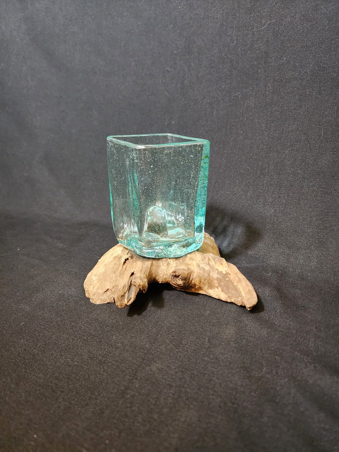 Hand Blown Glass Bowl on Natural Teak Tree Root Stand, Molten Molded ...