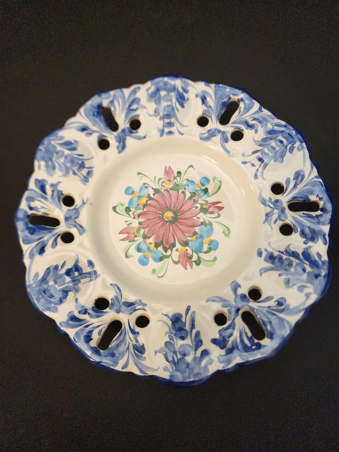 Decorative Majolica Wall Plate Jay Willfred Pierced Hand Painted Cobalt ...