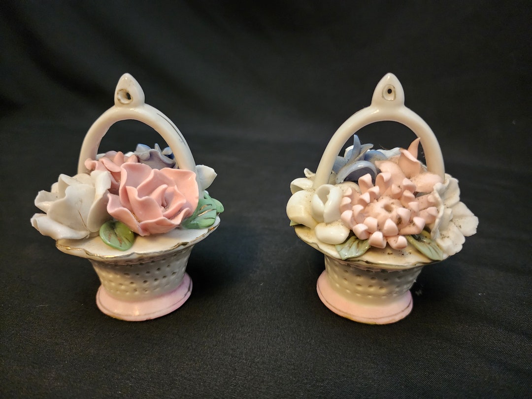 Pair of Vintage Capodimonte Flower Arrangement in Baskets Porcelain ...