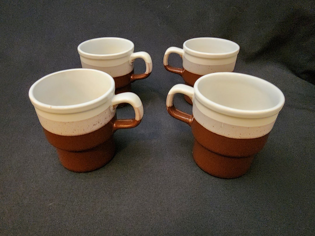 Vintage Retro Tri Color Stacking Coffee Mugs Hand Glazed Set 4 Made in ...