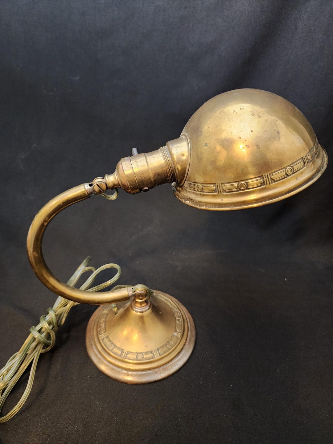 Antique Brass Greist Desk Lamp Adjustable Neck Embossed Base Shade Orig ...