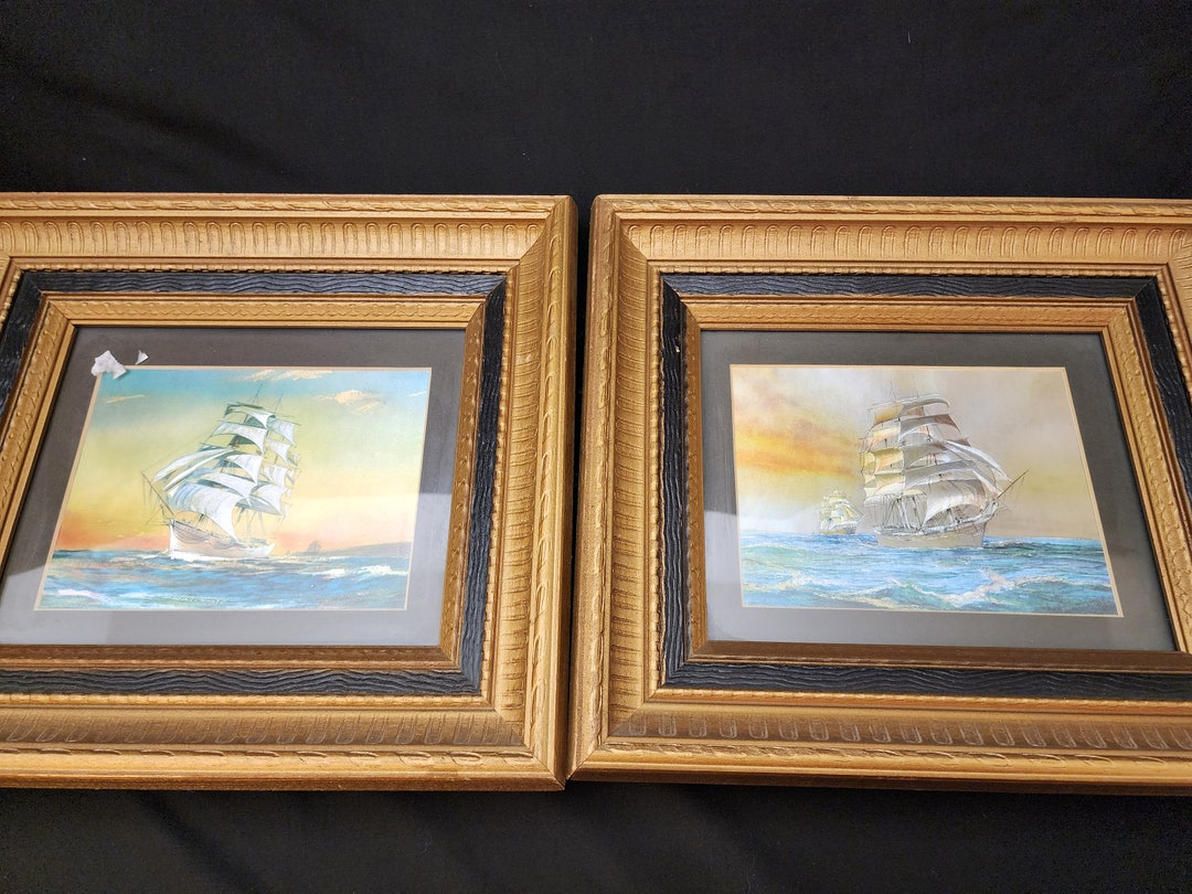 Vintage Pair Dufex Sailing Ships Metal Foil Art Matching Frames ...