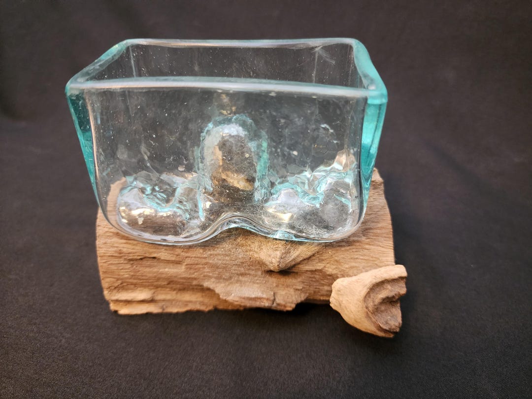 Hand Blown Glass Bowl on Natural Teak Tree Root Stand, Molten Molded ...