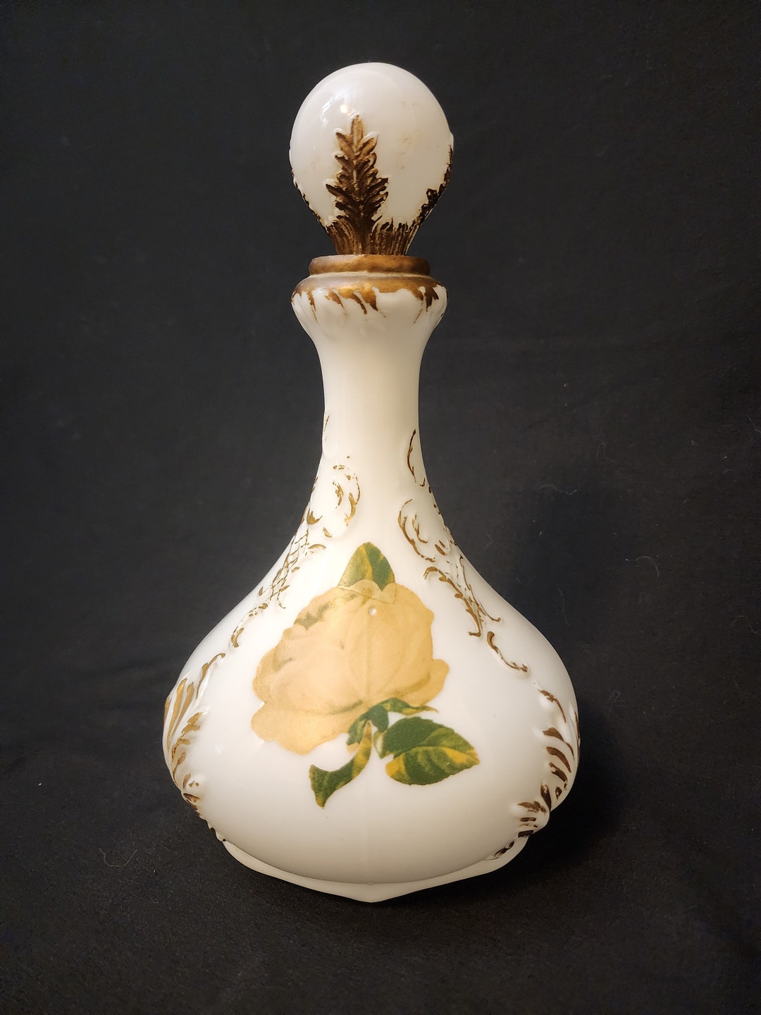 Vintage Milk Glass Decanter With Flower and Gold Accents on Raised ...