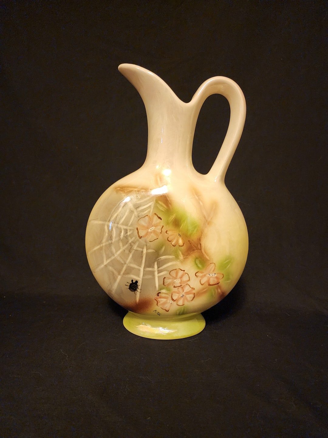 Vintage Hand Painted Spider Theme Iridescent Porcelain Vase / Pitcher ...