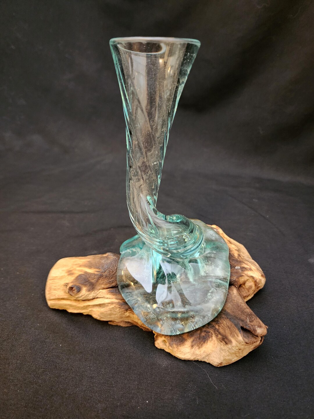 Hand Blown Glass Vase With Swirl on Natural Teak Tree Root Stand ...