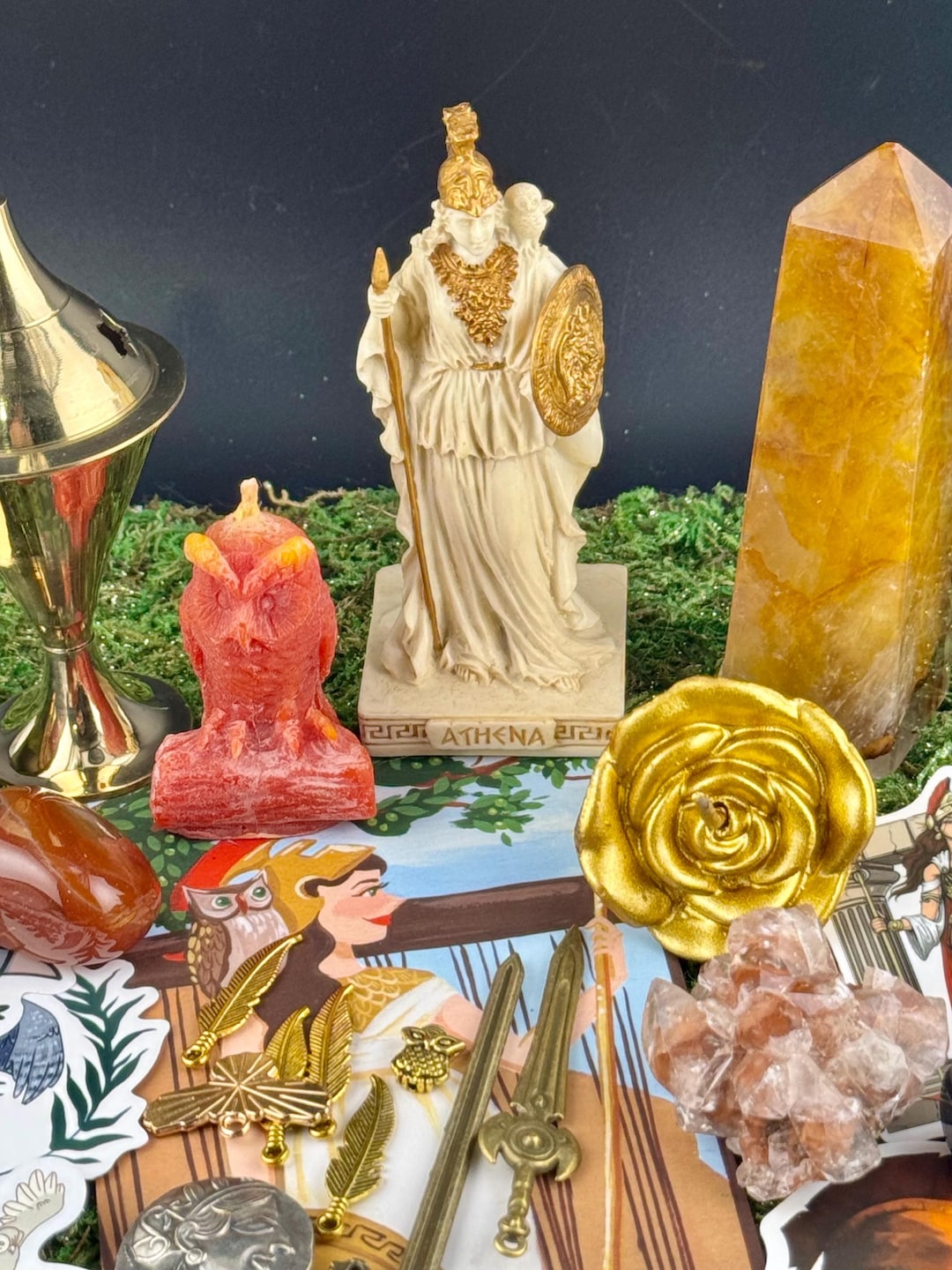 Greek Goddess Athena Altar, Miniature Statue, Goddess of Wisdom, Owl ...
