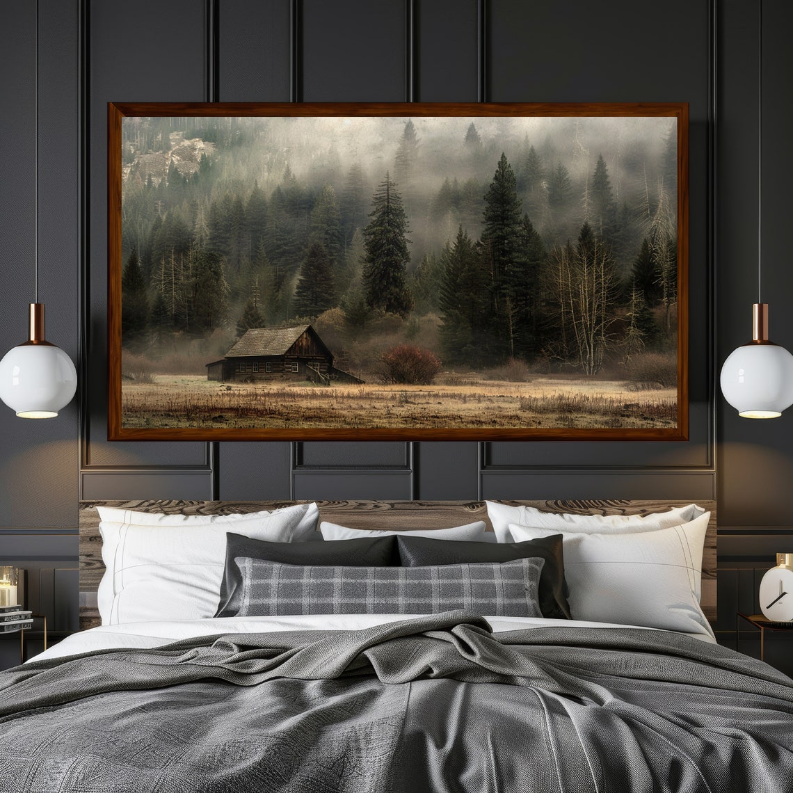 Rustic Cabin Art Textured Forest Wall Art Large Landscape, Downloadable ...