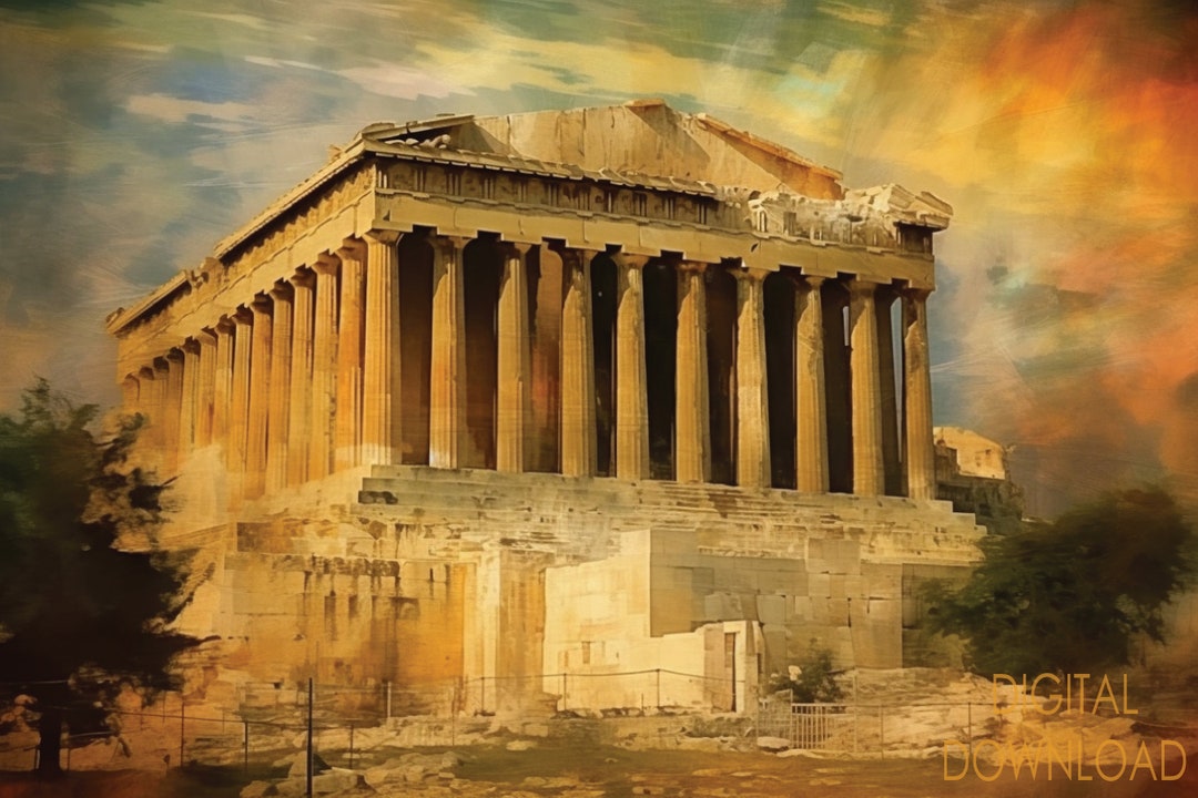 Parthenon in Green, Beige, and Swirling Sky AI Digital Download Digital ...
