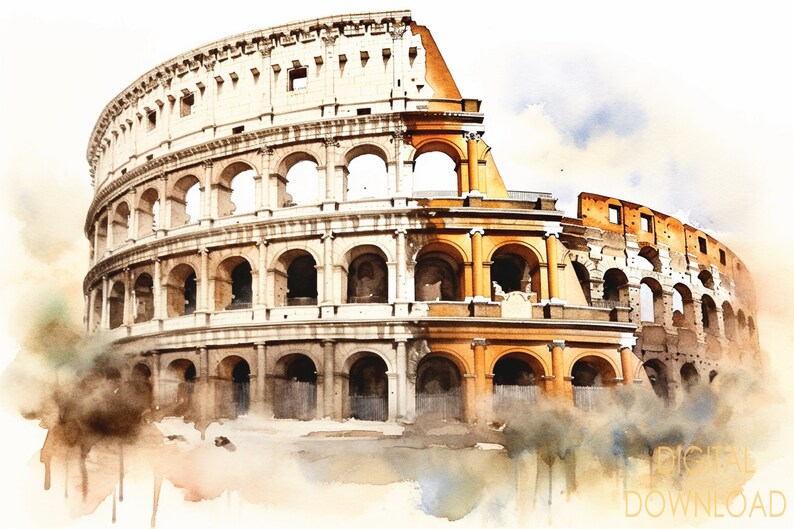 Roman Colosseum in Beige and Watercolor Splatter AI Digital Download ...