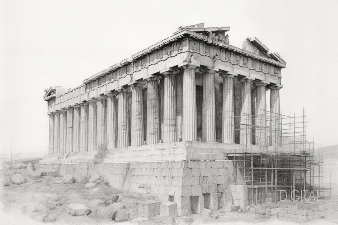 Parthenon in Black, White, and Pencil AI Digital Download Digital Art Art and Collectables ...