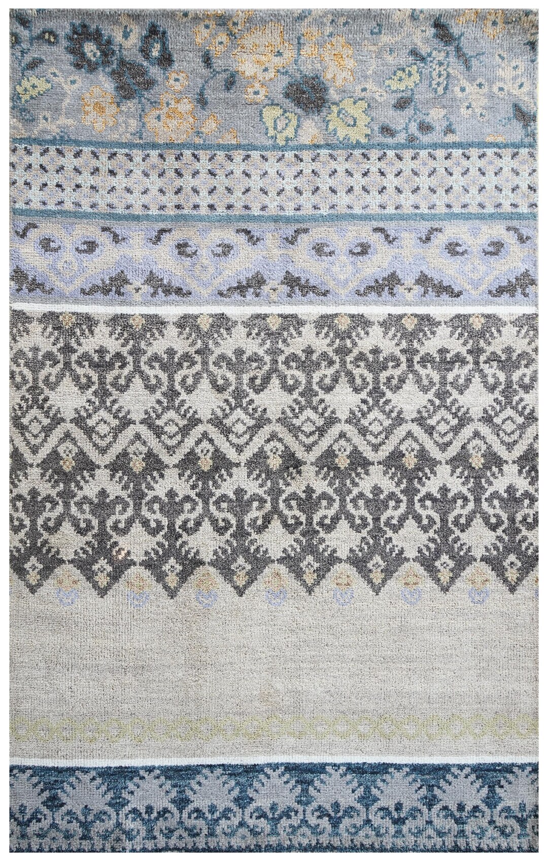 Distressed Floral Border Area Rug – Blue Grey Ivory Hand Knotted Wool ...