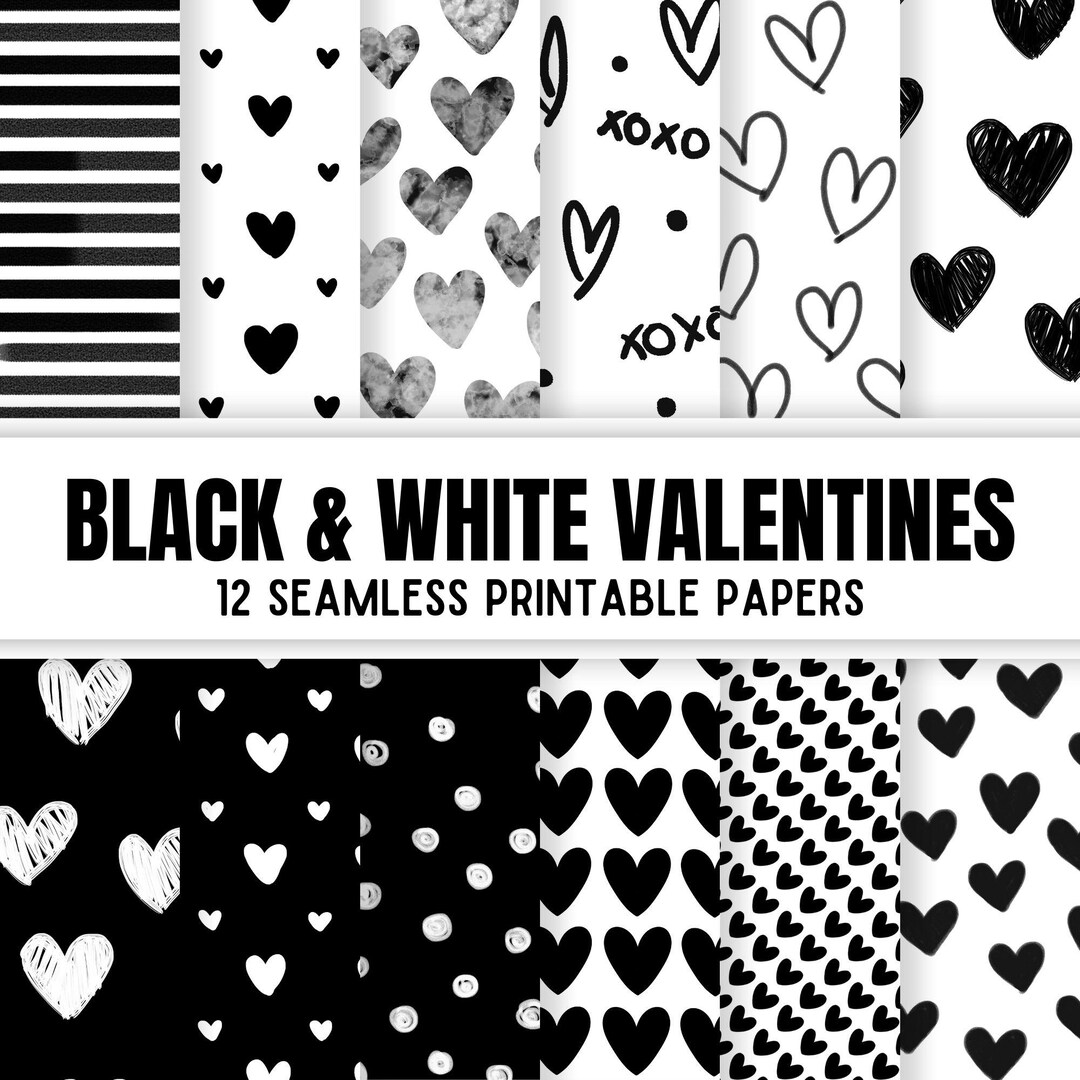 Black and White Valentines Digital Paper, Cute Handdrawn Hearts for ...