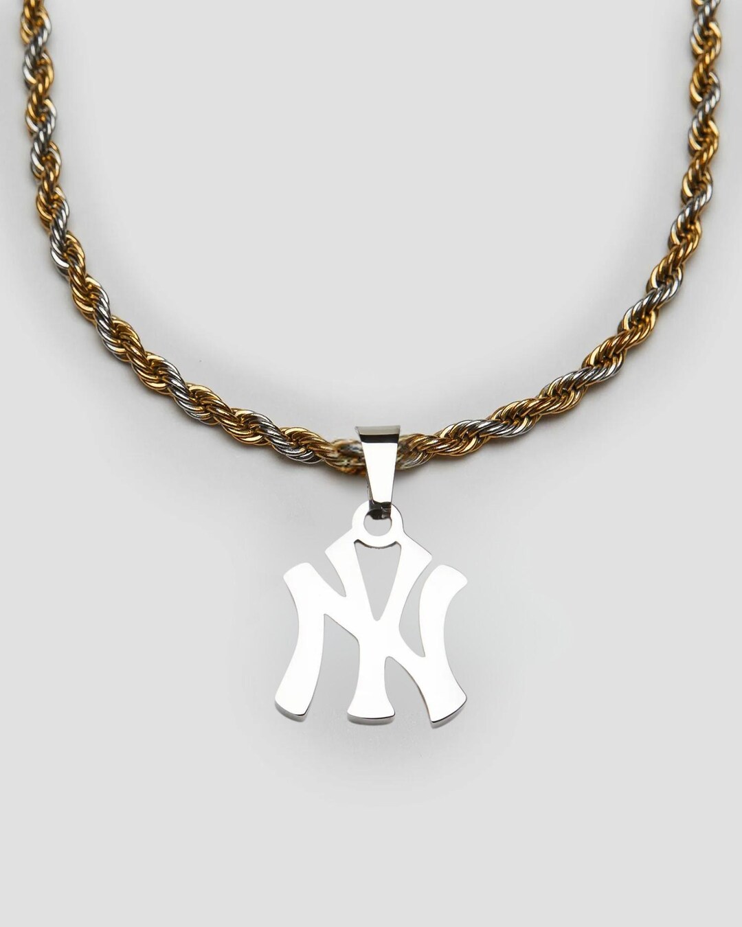 NY Yankees Pendant Necklace: Stainless Steel 2-tone Rope Chain - Etsy