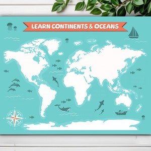World Map Printable: Continents & Oceans Montessori Puzzle, Learn 7 ...