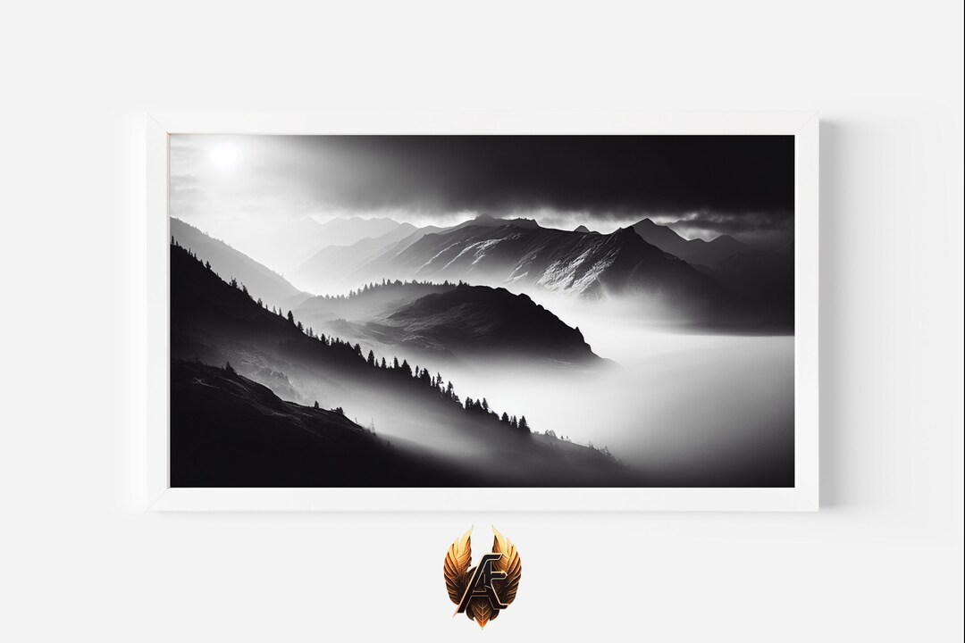 Black and White Mountain View, Digital Art, Digital Download, Wallpaper ...