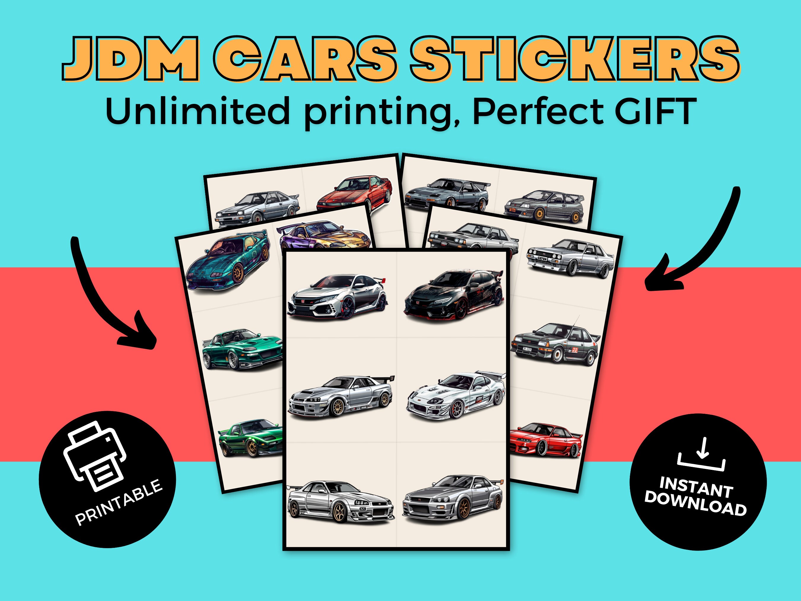 Printable JDM Cars Cartoon Stickers PNG With Transparent Background ...
