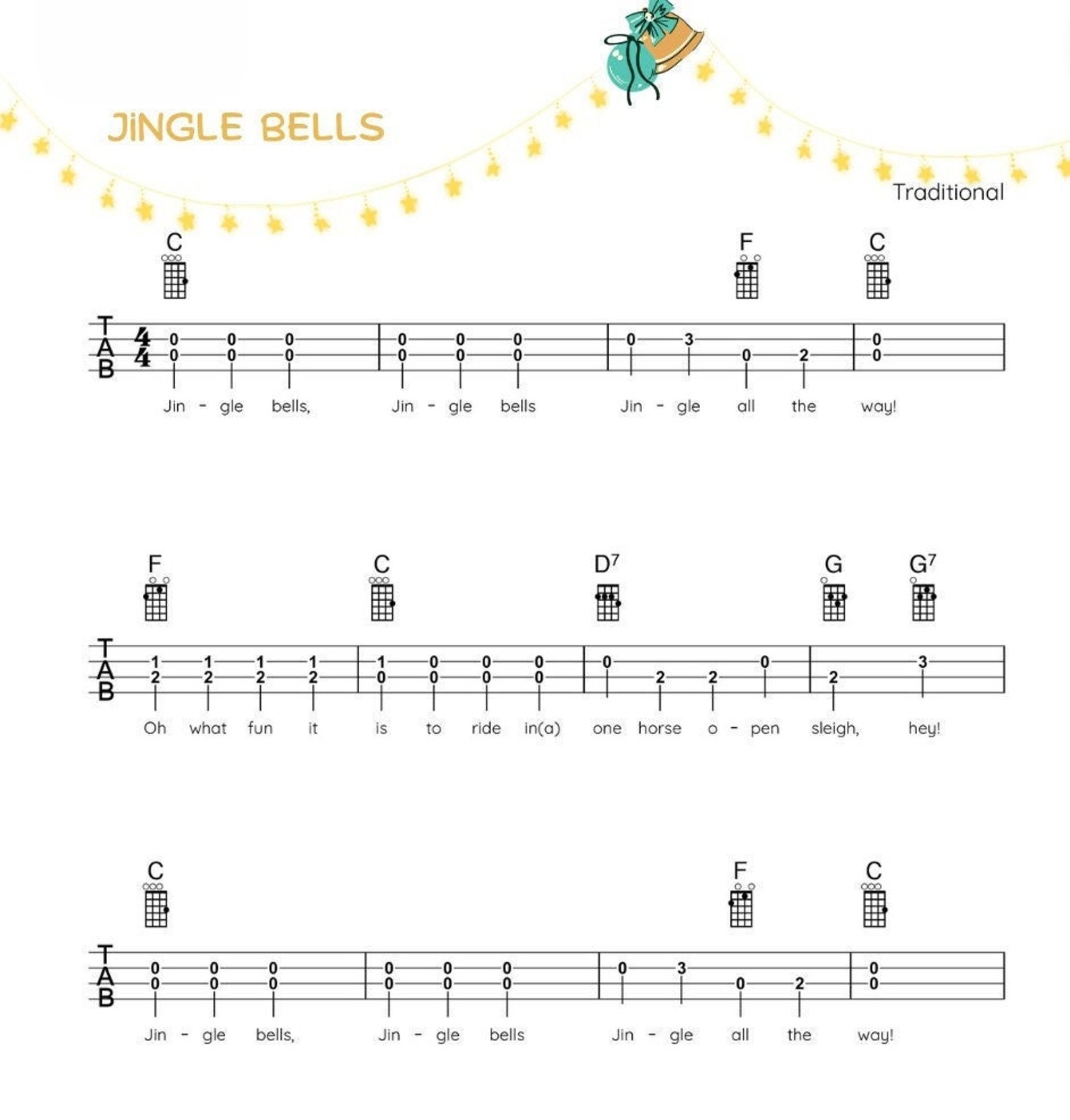 Jingle Bells - Beginner Ukulele Sheet Music - Etsy