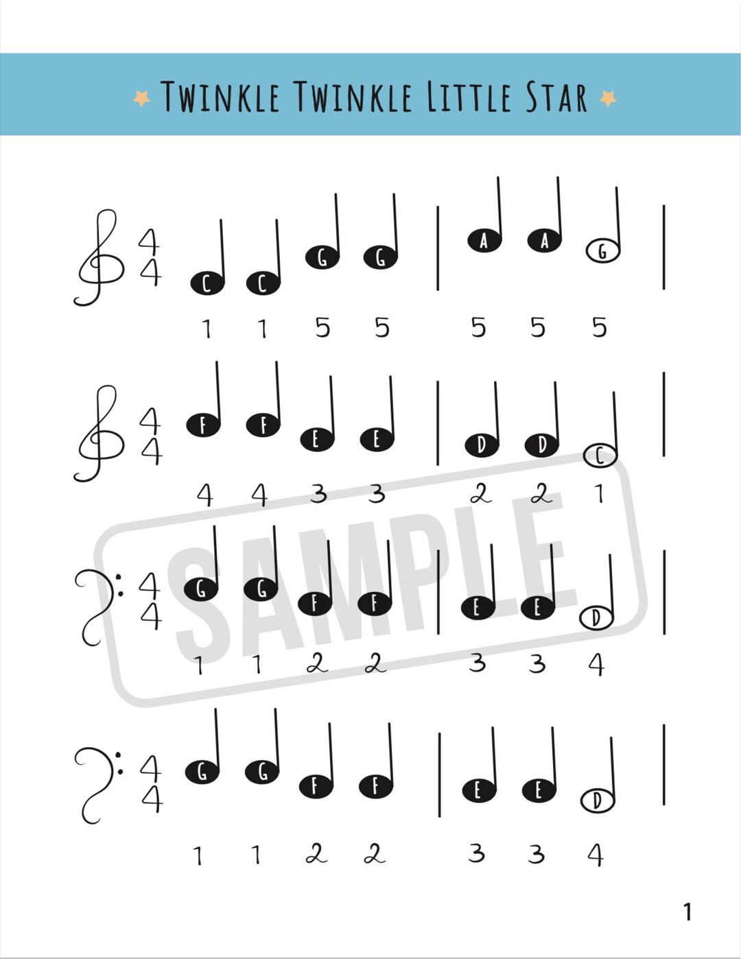 Twinkle Twinkle Little Star - Piano Pre-staff Sheet Music - Etsy