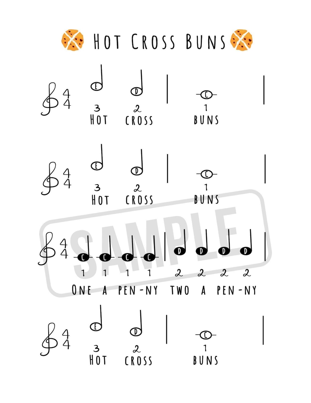 Hot Cross Buns - Piano Pre-staff Sheet Music - Etsy