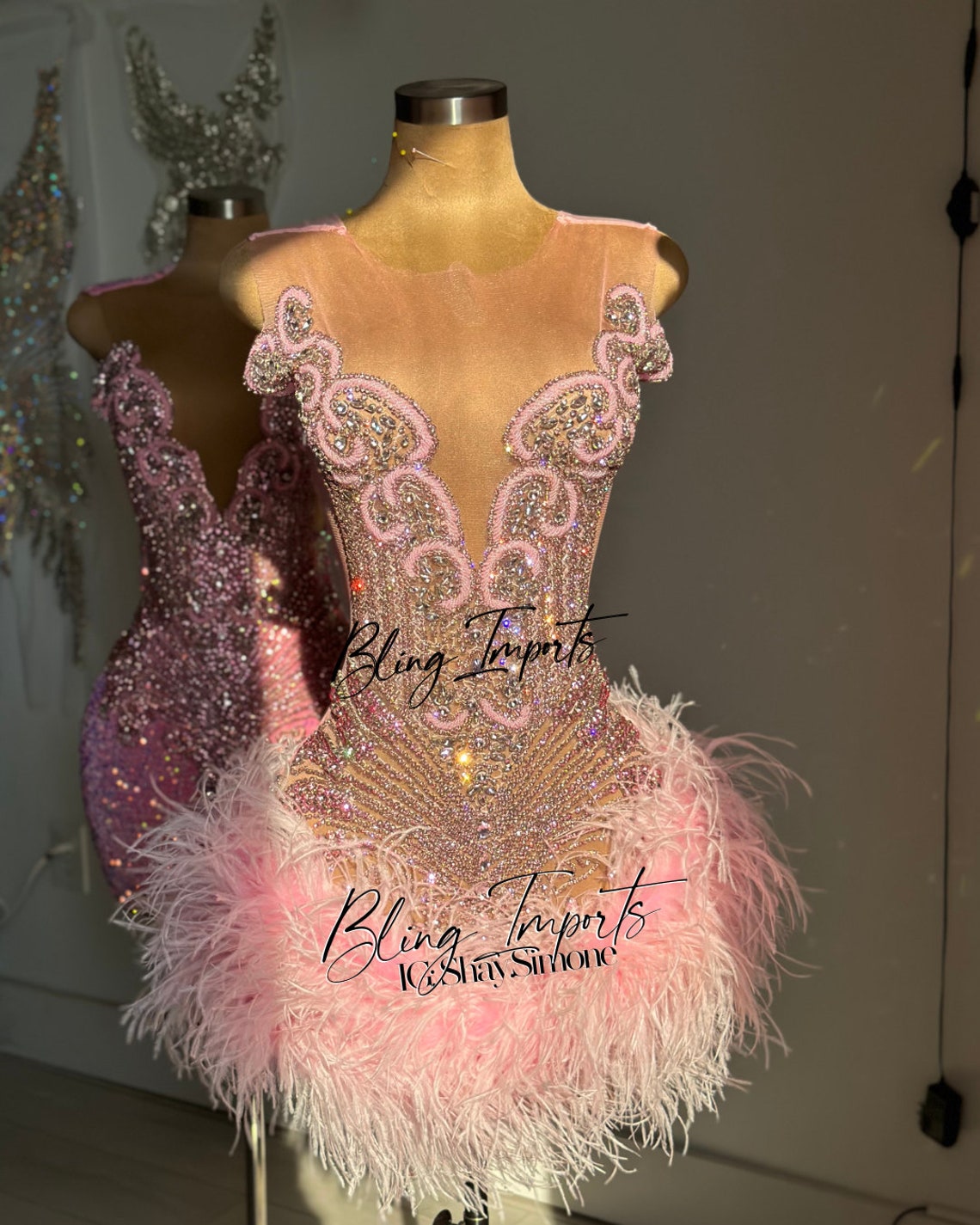 Pink Bling Rhinestone Party Dress With Feathers - Etsy
