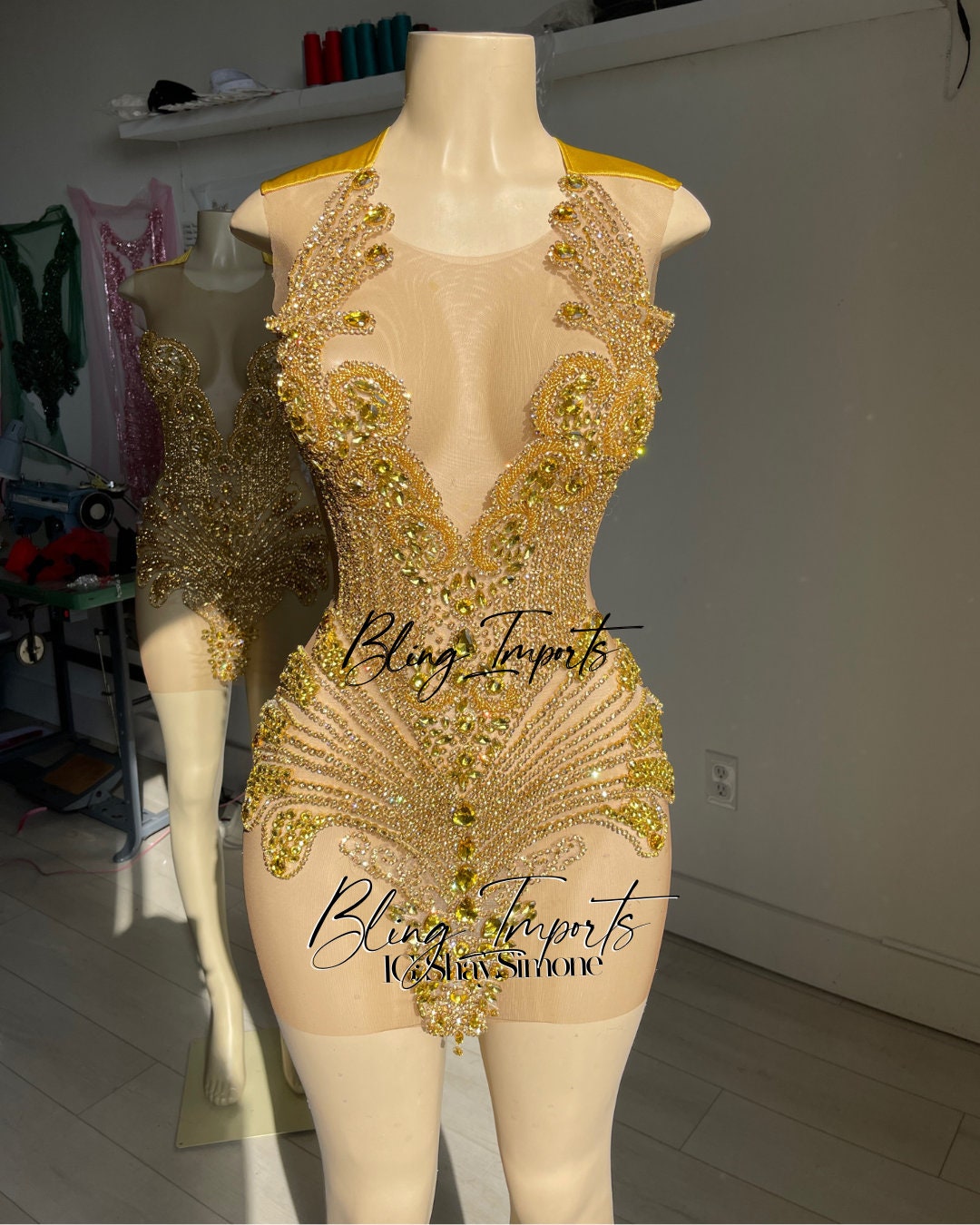 Gold Rhinestone Party Dress With Feathers - Etsy